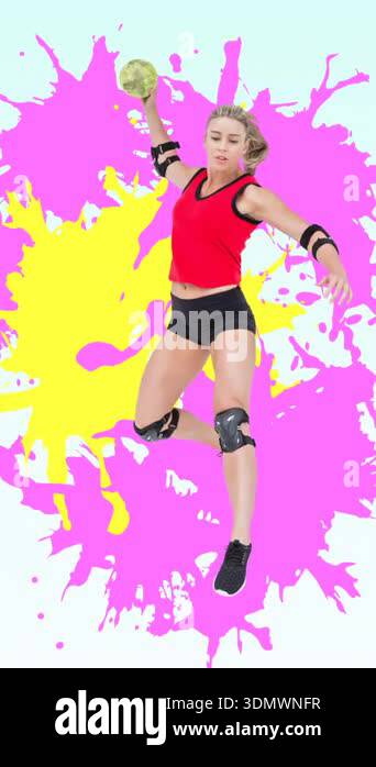 Animation of caucasian female handball player throwing ball over ...