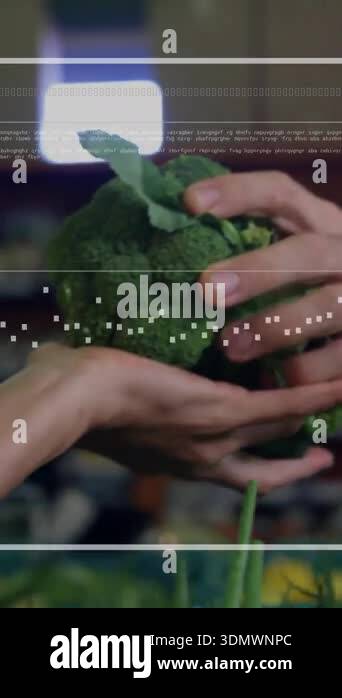 Analyzing nutritional data animation over person selecting vegetables ...
