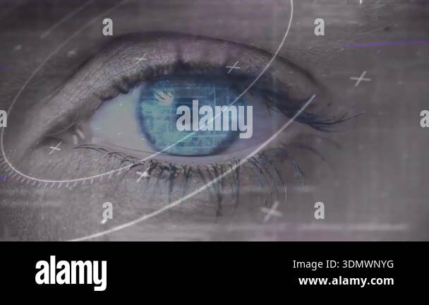 UI lines moving across closed eye initiating eyelid opening showing ...