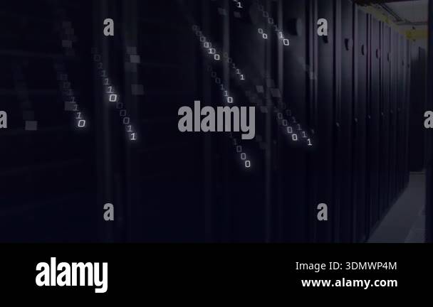 Glowing binary digit appearing sparking code stream falling over server ...