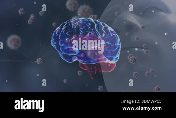 Start showing 3D brain rotating and viral particles drifting past face ...
