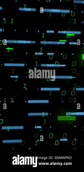 Binary code and data graph animation over green and black background ...