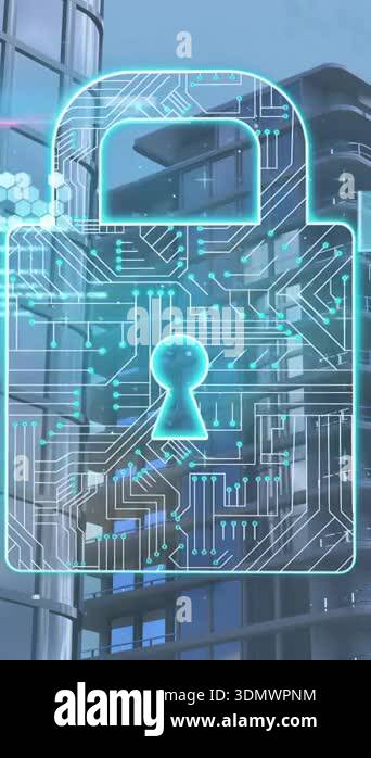 Digital padlock and data security animation over modern office ...