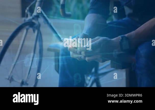Man tapping smartphone on balcony generating holographic brain with ...