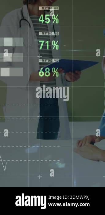 Animation of data processing over caucasian female doctor and male ...