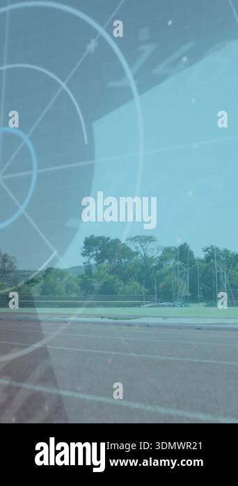 Running athlete on track with speed and performance data animation ...