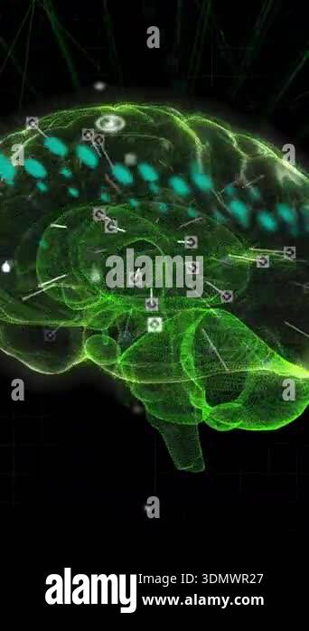 Animation of digital brain model with data points on dark background ...