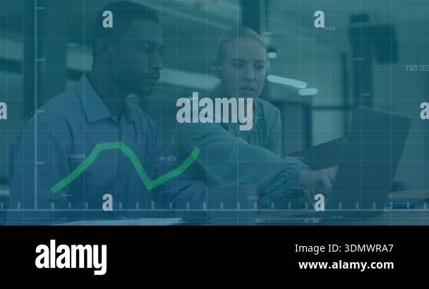 Trend line overlay appearing while woman pointing at peaks and man ...