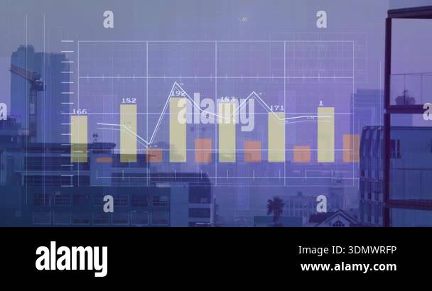 Fading chart over city dawn, bars shifting, redrawing line graph adding ...