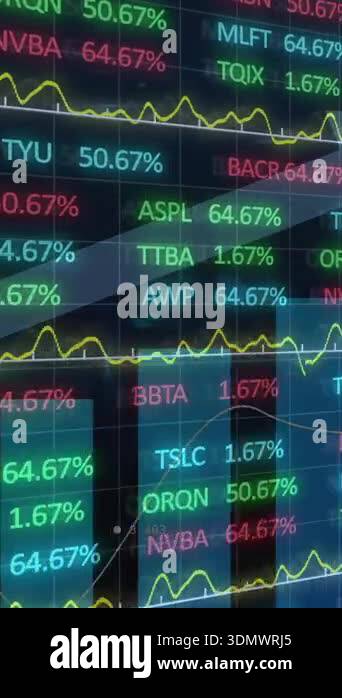 Stock market data and trends animation over financial charts and graphs ...