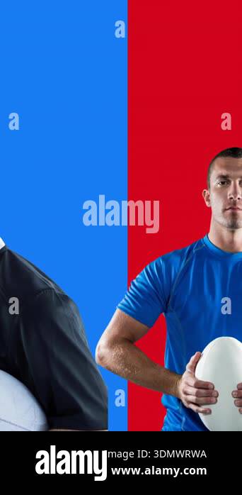 Animation of caucasian male rugby players holding balls over blue and ...