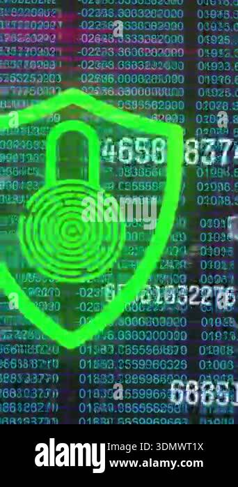 Digital lock animation over green binary code and numerical data ...