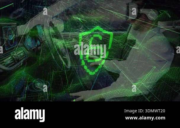 Male driver using remote activating VR car scan with green padlock icon ...