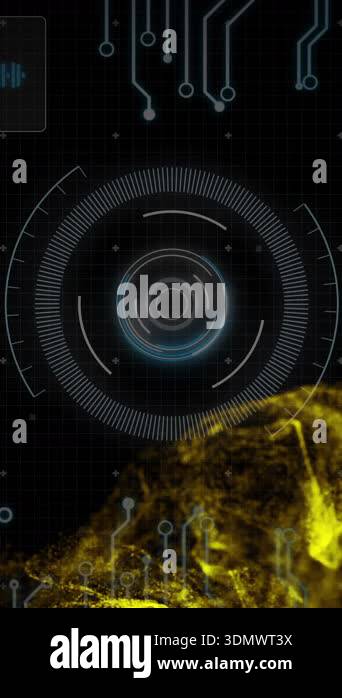 Digital data processing and analysis animation over abstract yellow ...