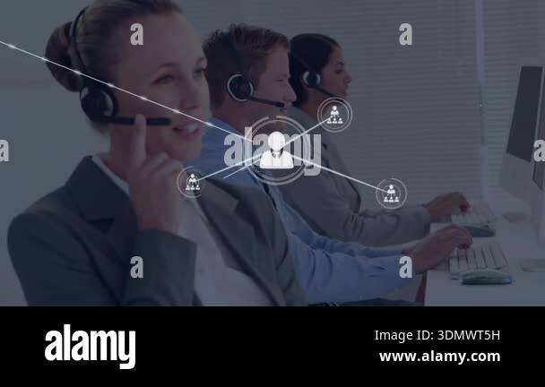 Call center agents touching earpiece and typing while animated user ...