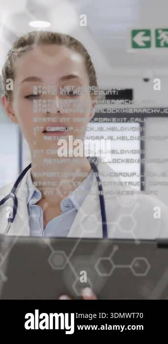 Animation of science data processing over caucasian female nurse using ...