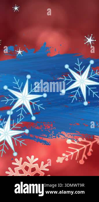 Animation of stars and blue stain over snowflakes on red background ...
