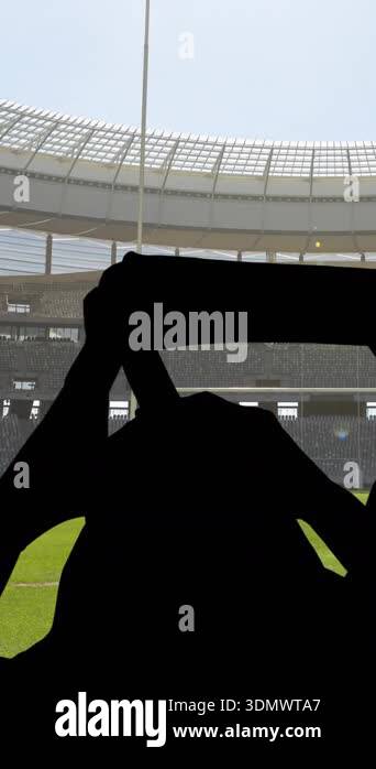 Animation of silhouettes of sports fans cheering over sports stadium ...