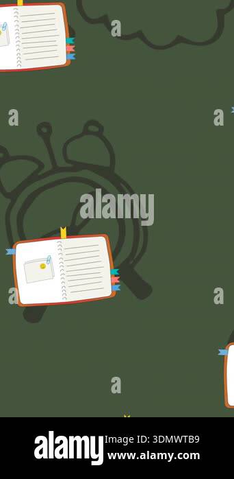 Animation of repeated open notebooks moving on green background with ...