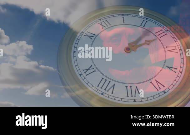 At start analog clock hands advancing while clouds drifting under red ...
