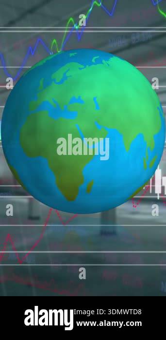 Animation of rotating globe over financial data and graphs. global ...