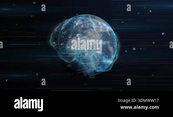 Opening space, globe-brain appearing rotating and linking UI nodes with ...