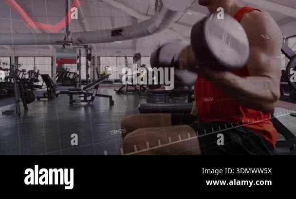 Mid-adult man initiating seated bicep curl in gym with animated red ...