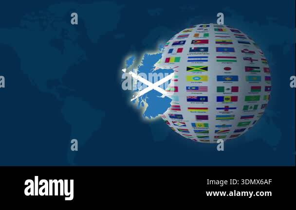 Scotland map animation on rotating flag globe with blue background ...
