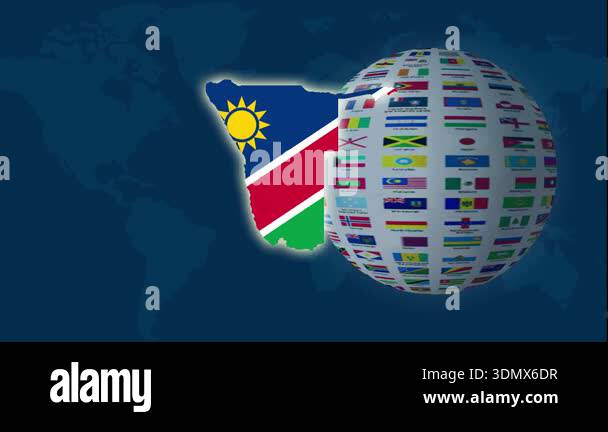 Namibia map zoom in video animation with rotating flag globe Stock ...