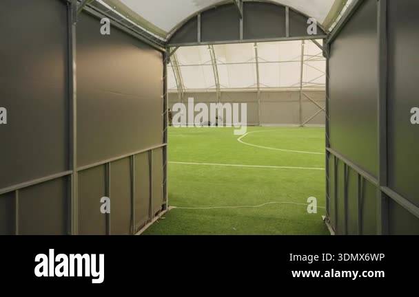 Indoor sports facility features green artificial turf field where men ...