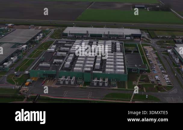 High angle aerial perspective showing a massive data center complex ...