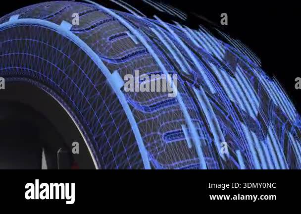 3D wireframe car tire rotating on a black background, representing ...