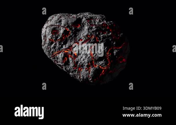 Looping 3D animation of a space alien asteroid rotation. Fiery red lava ...
