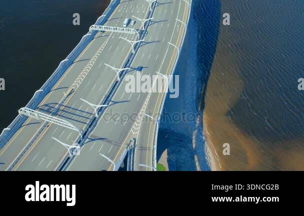 Car driving on city highway bridge with fork road over river water ...