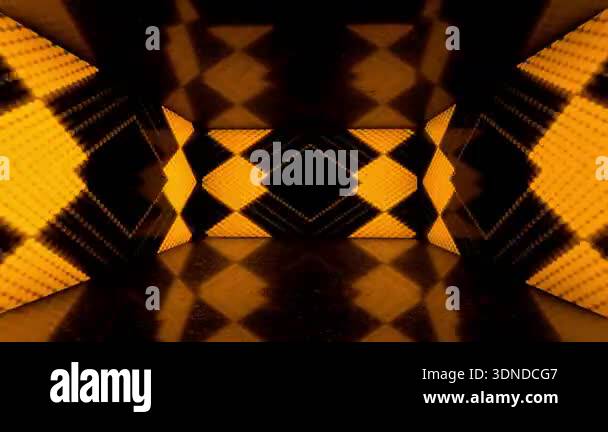 Abstract animated golden geometric corridor formed by a mirrored ...