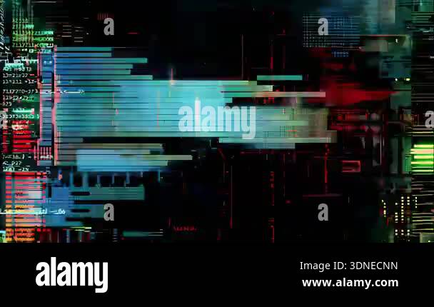 Dark abstract digital interference, layered glitch textures, horizontal ...