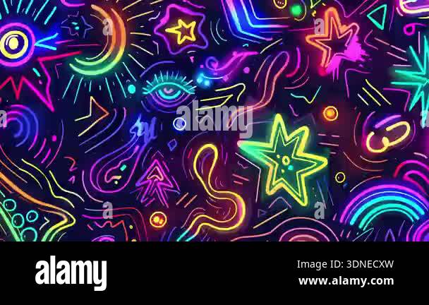 Neon doodle stars and abstract shapes, glowing hand drawn lines ...