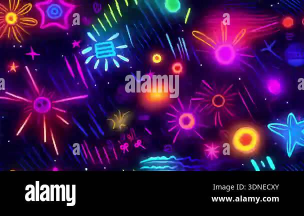Neon abstract cartoon patterns, glowing playful shapes, colorful ...