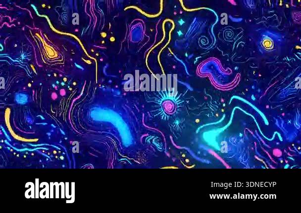 Neon psychedelic cartoon pattern, glowing abstract doodles, colorful ...