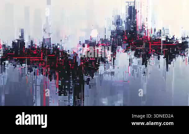 Abstract glitch city silhouette, digital skyline distortion, vertical ...