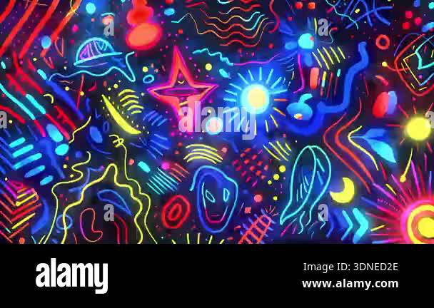 Neon abstract doodle pattern, glowing playful symbols and shapes ...