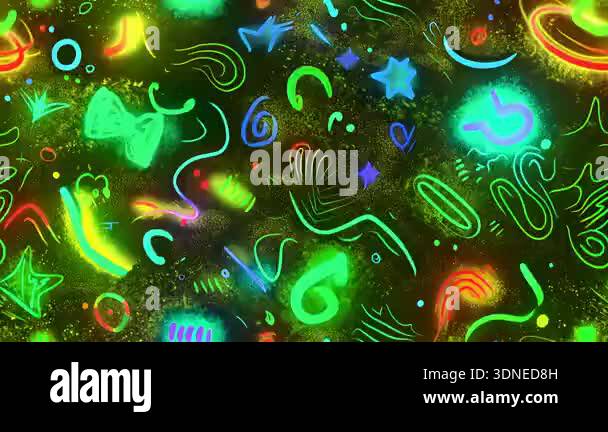 Neon doodle symbols, glowing abstract icons, colorful playful shapes ...