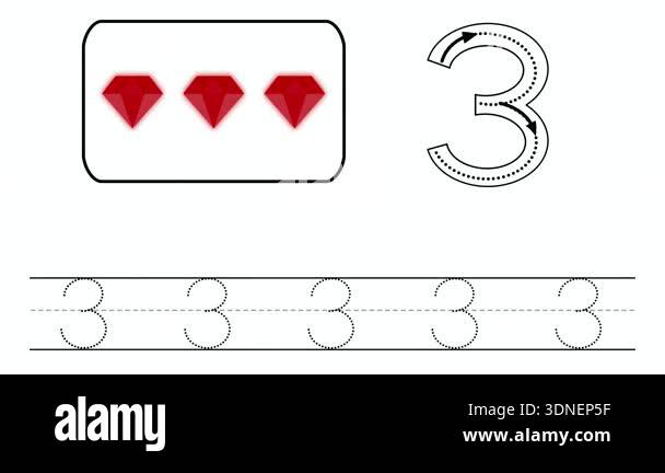 Educational worksheet teaching number three with counting icons ...