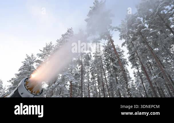 Snow gun sprays snow in a winter forest Stock Video Footage - Alamy