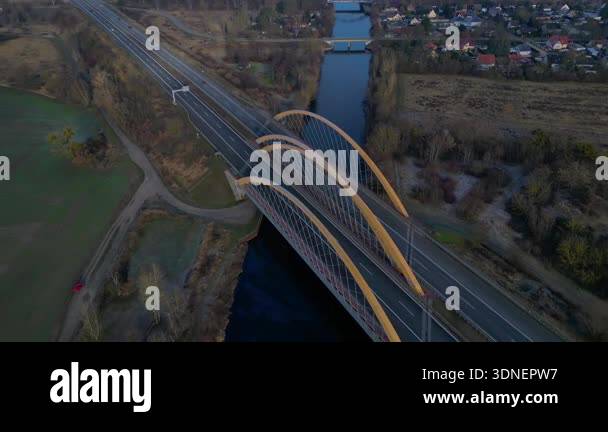 German highway bridge carrying vehicle traffic over a river and ...