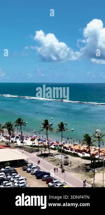 Aerial panning shoot of turquoise water beach at Maceio Alagoas Brazil ...
