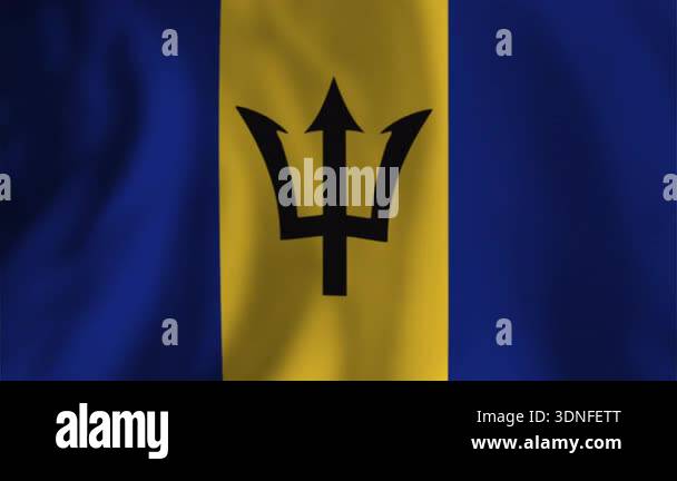 Barbadian national flag with its black trident emblem waving in a ...