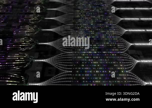 Luminous digital neural threads branch horizontally from centralized ...