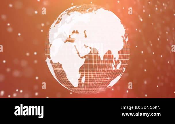On start, white wireframe globe rotating to reveal continents, pulsing ...
