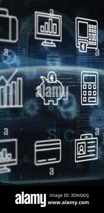 Animation of multiple digital icons and cyber security data processing ...